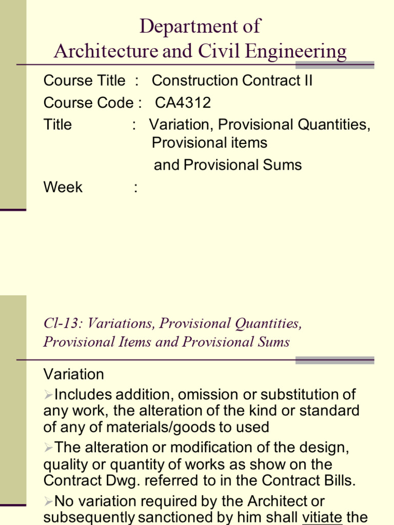 Variations, Provisional Quantities, Provisional Items Add Provisional ...