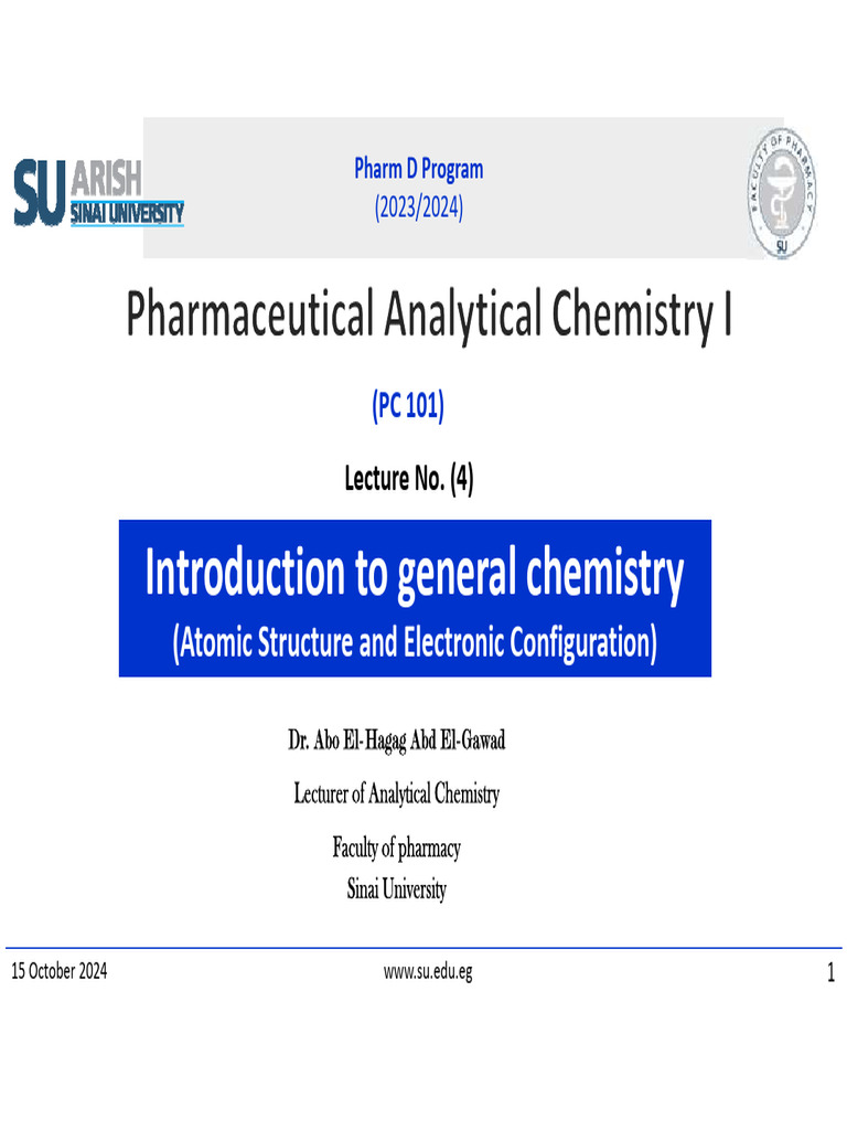 Intro to General Chemistry for Pharm D | PDF | Atomic Nucleus | Atomic ...