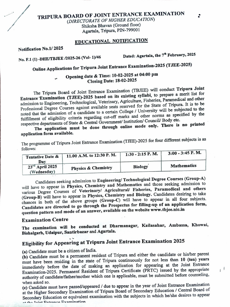 TJEE 2025 Online Application Notification | PDF