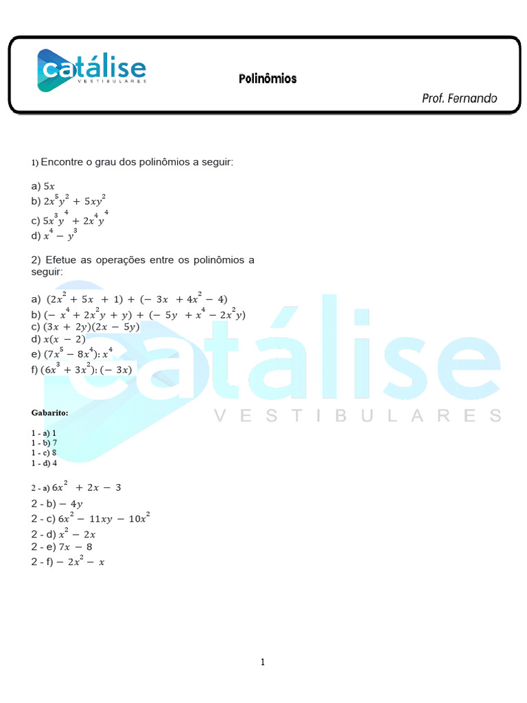 Mat M0 F1 A2 Aula 7 - Polinomios | PDF