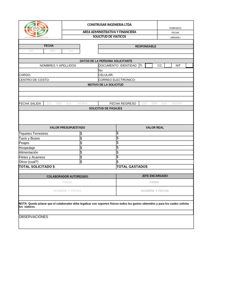 LL. Formato Viaticos | PDF