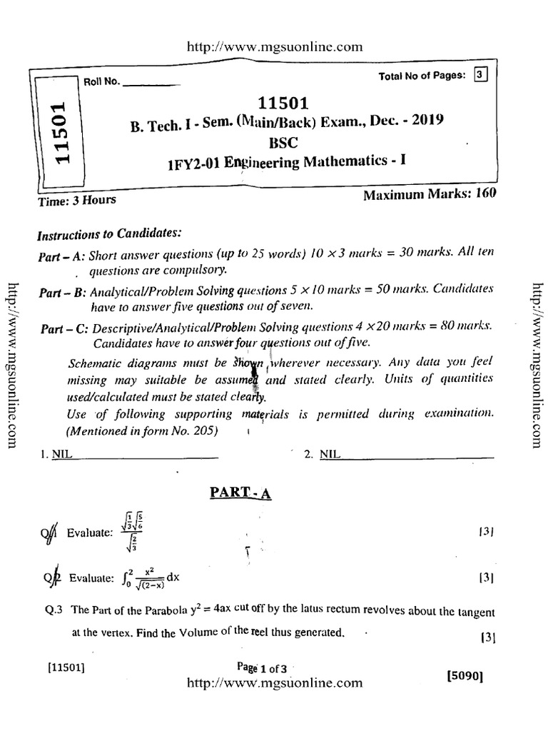 Btech 1 Sem Engineering Mathematics 1 11501 Dec 2019 | PDF