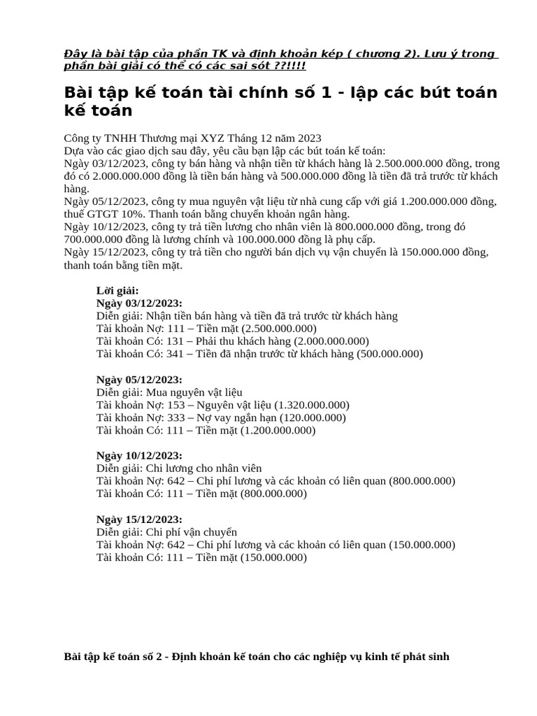 Bài tập KTTC (định khoản) | PDF