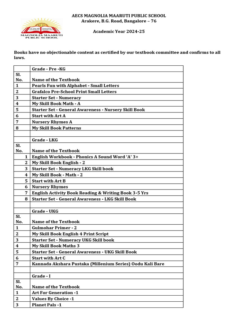 AECS Magnolia School Textbook List 2024-25 | PDF | Science