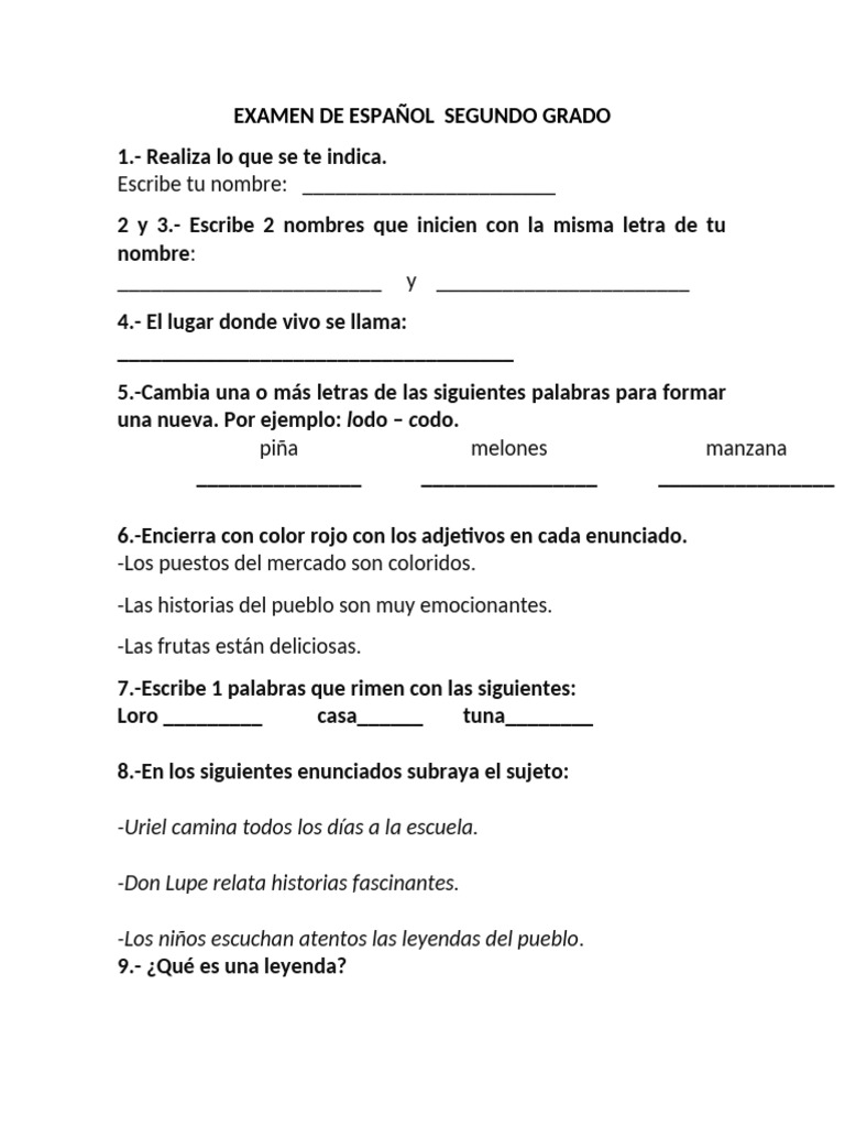 Examen de Espanol y Matematicas Segundo Grado | PDF