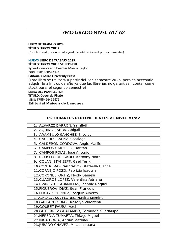 Libros y Estudiantes 7mo Grado A1/A2 | PDF