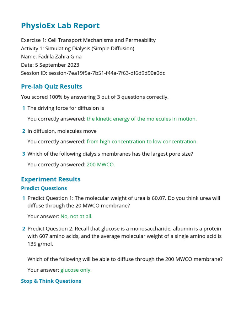 PhysioEx Exercise 1 Activity 1 | PDF | Diffusion | Proteins