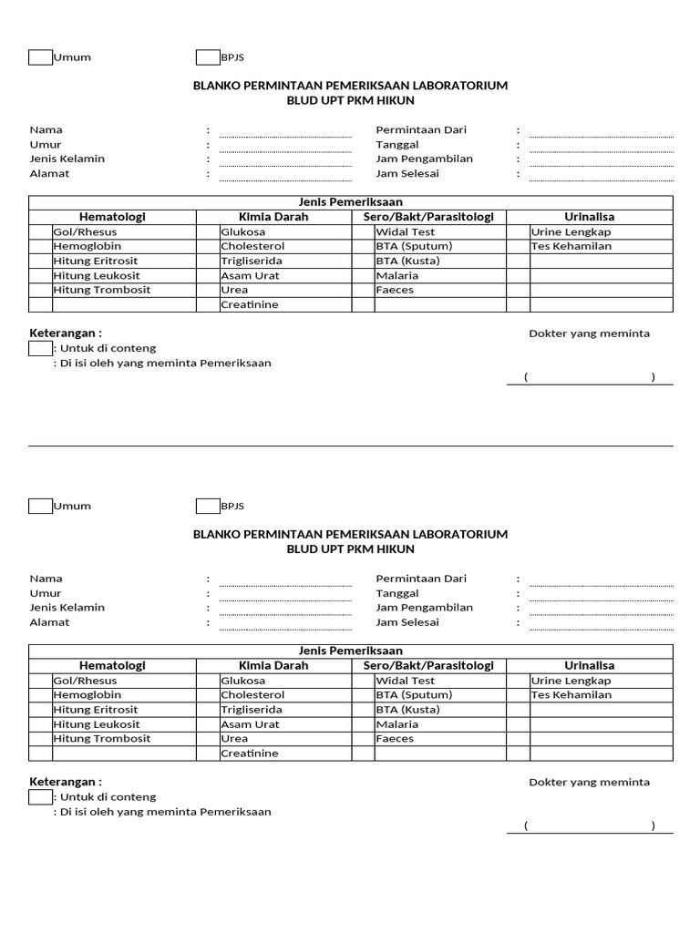 Blanko Dan Hasil Pemeriksaan Lab | PDF