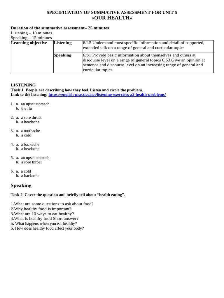 Summative Assessment: Unit 5 Health | PDF