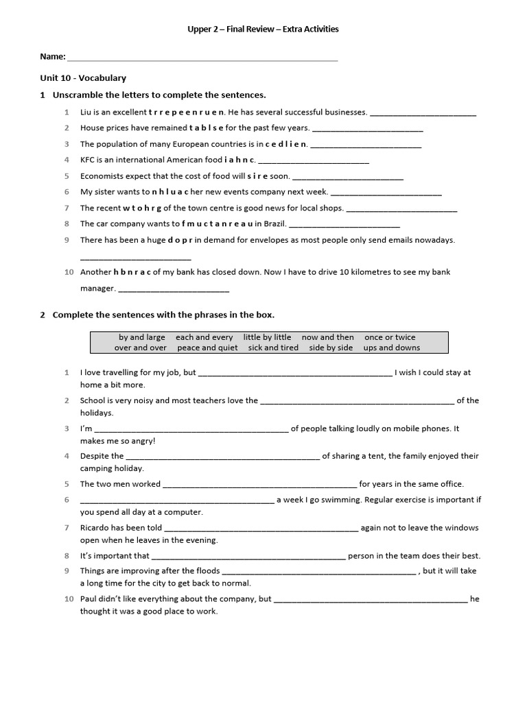 Upper 2 - Final Review - Extra Exercises | PDF