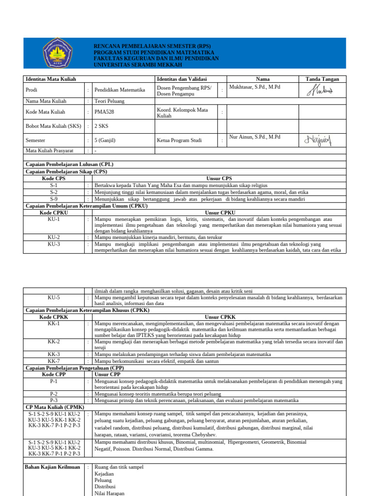 RPS MK Teori Peluang | PDF