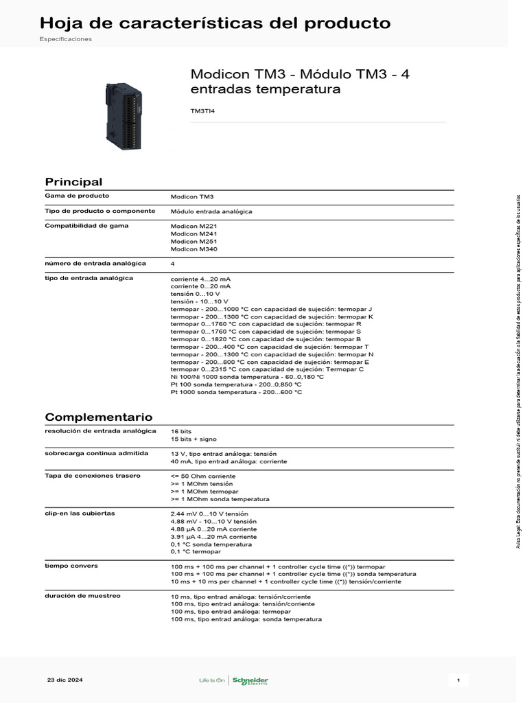 Schneider Electric Modicon-TM3 TM3TI4 | PDF | Par termoeléctrico | Propiedades termodinámicas.