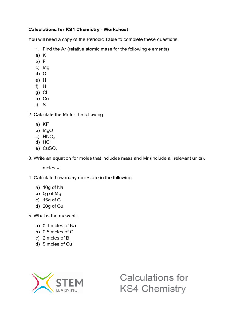 Calculations For KS4 Chemistry - Worksheet | PDF