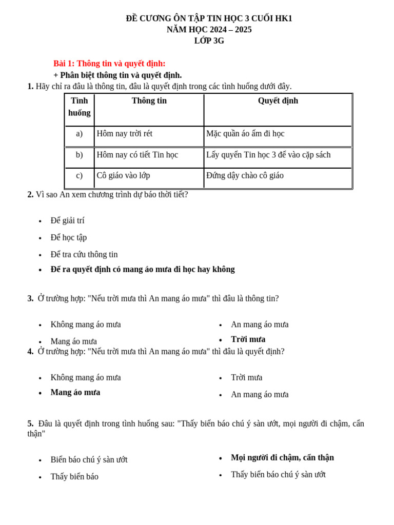 Đề Cương Ôn Tập Tin Ck1 k3 | PDF