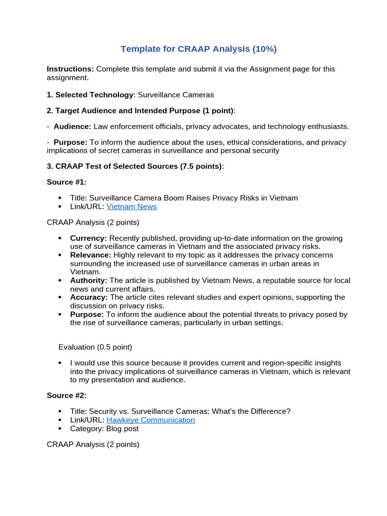 CRAAP-analysis-Evaluation Template F24 | PDF | Privacy | Surveillance