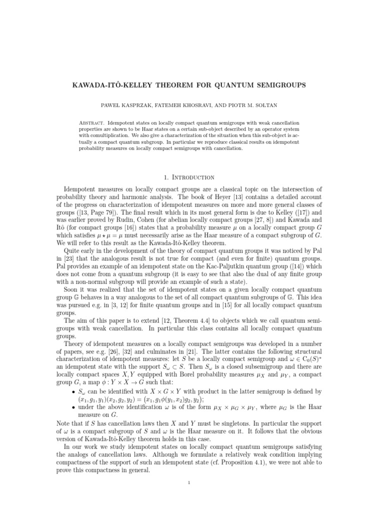 Kawada-Ito-Kelly theorem for quantum semigroups | PDF | Measure (Mathematics) | Algebra