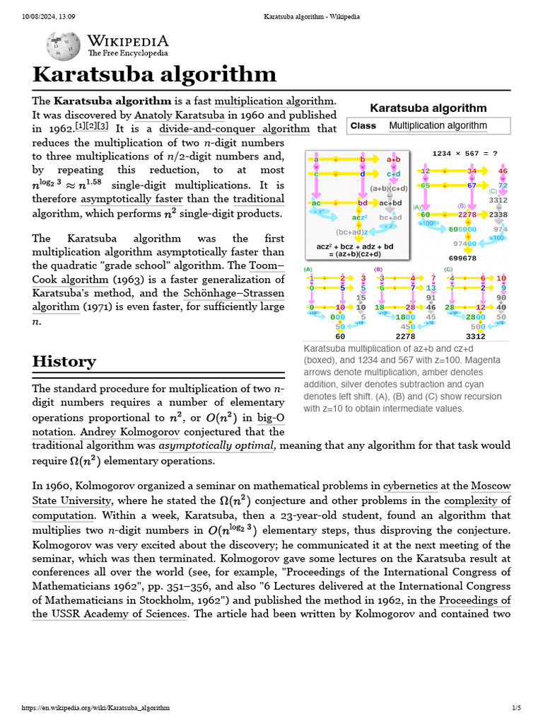 Karatsuba algorithm - Wikipedia | PDF | Arithmetic | Mathematics