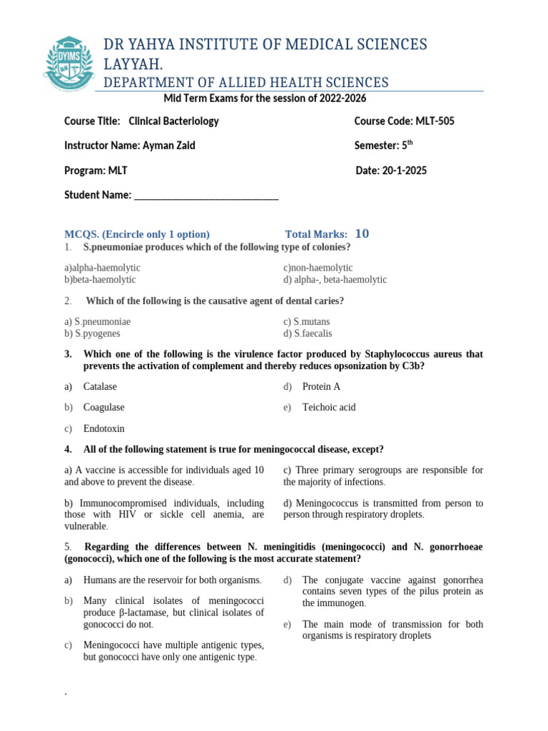 Bacteriology MLT 5th Mid Exam | PDF | Medical Specialties | Microorganism