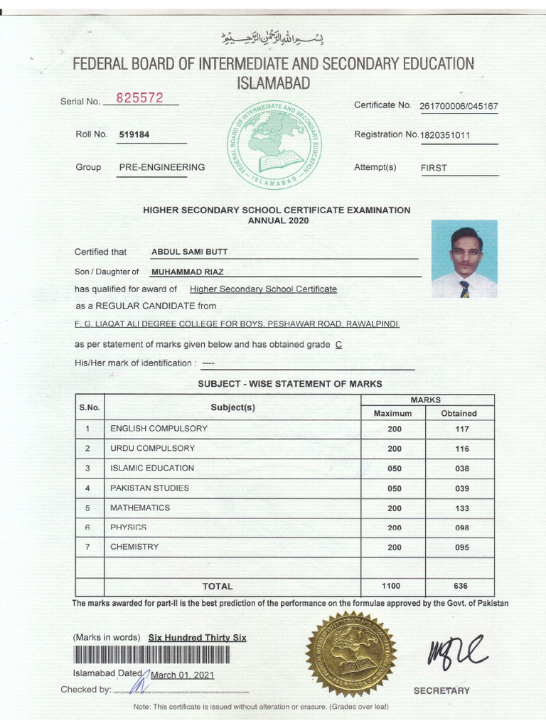 03. HSSC_Certificate_2020_Abdul_Sami_Butt | PDF