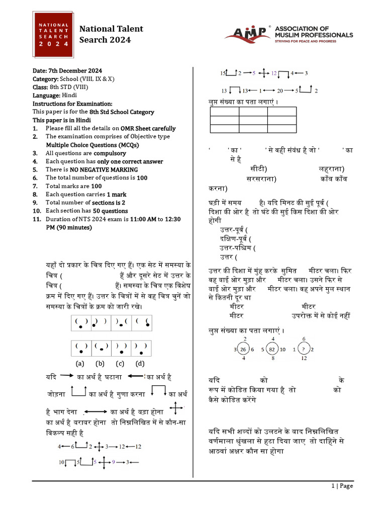 School 8th Paper 2024 - Hindi AMP-NTS | PDF