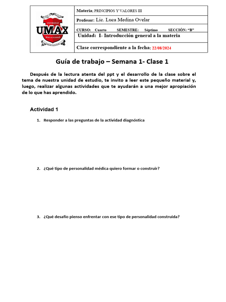Semana 1 - Clase 1 - Principios y Valores - 7B - GuÃ A de Trab | PDF