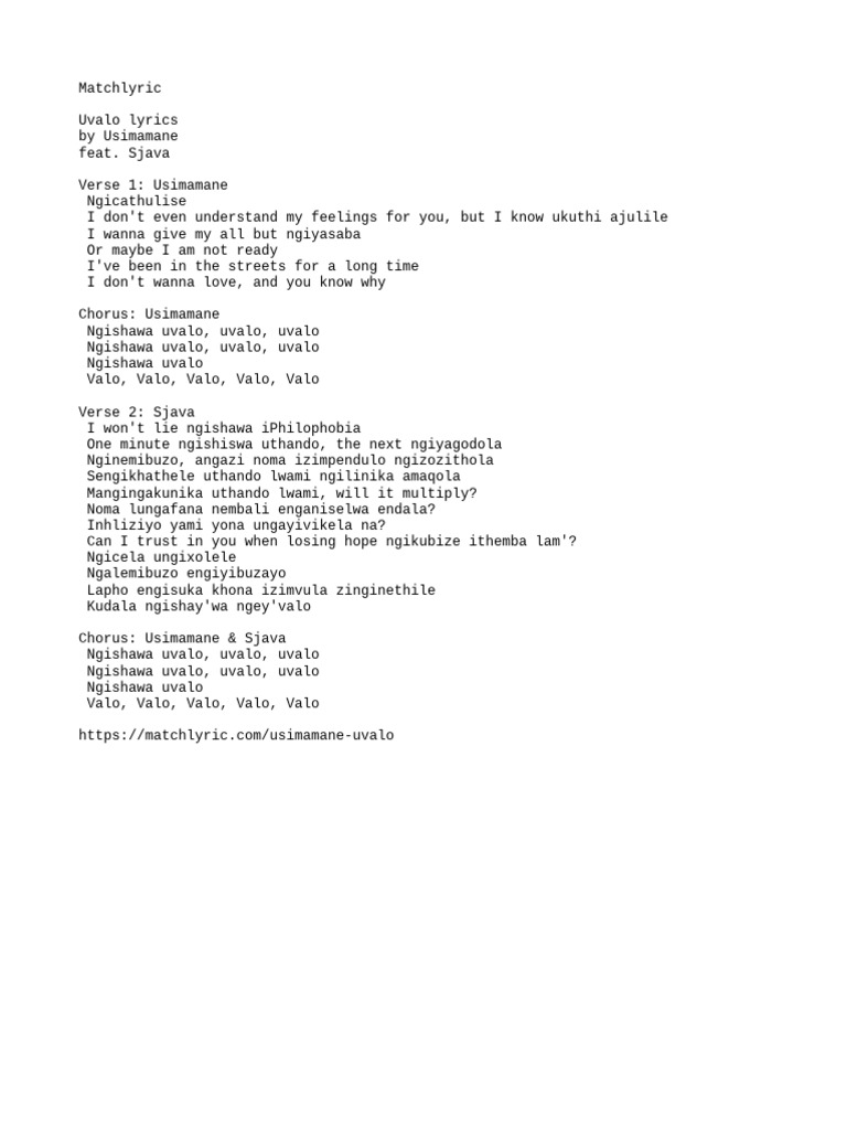 Uvalo Lyrics by Usimamane & Sjava | PDF