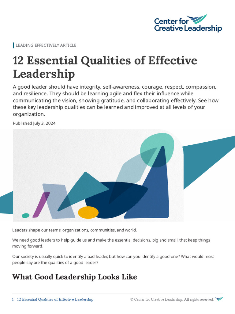 12 Essential Qualities of Effective Leadership From Center For Creative ...