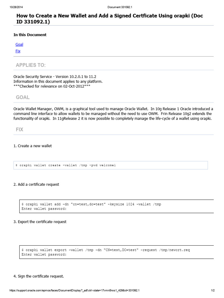 Managing Oracle Wallet with orapki | PDF