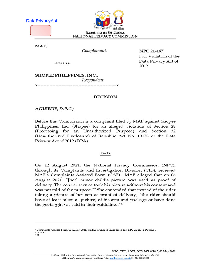 (Shopee) NPC-21-167-2022.09.22-MAF-v.-Shopee-Decision-FinalP | PDF | Damages | Privacy