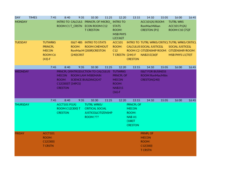 My Timetable For The First Semester | PDF