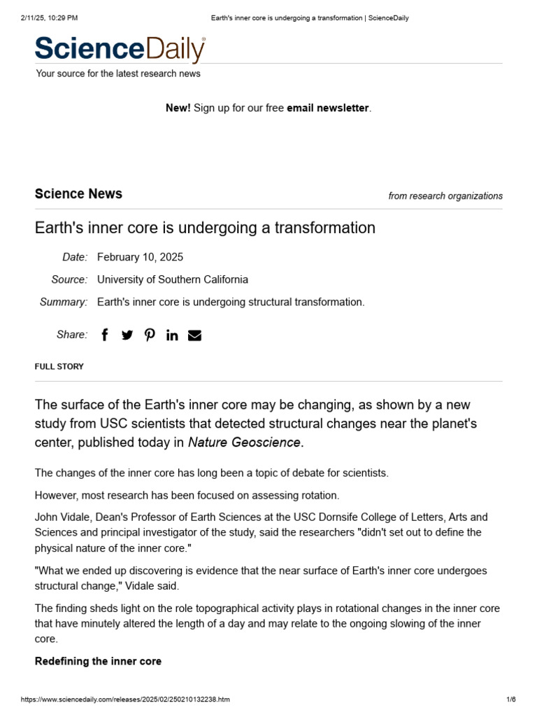 Earth's Inner Core Is Undergoing A Transformation - ScienceDaily | PDF ...