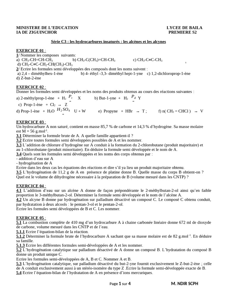 Exercices sur les hydrocarbures insaturés | PDF | Alcène | Hydrogénation