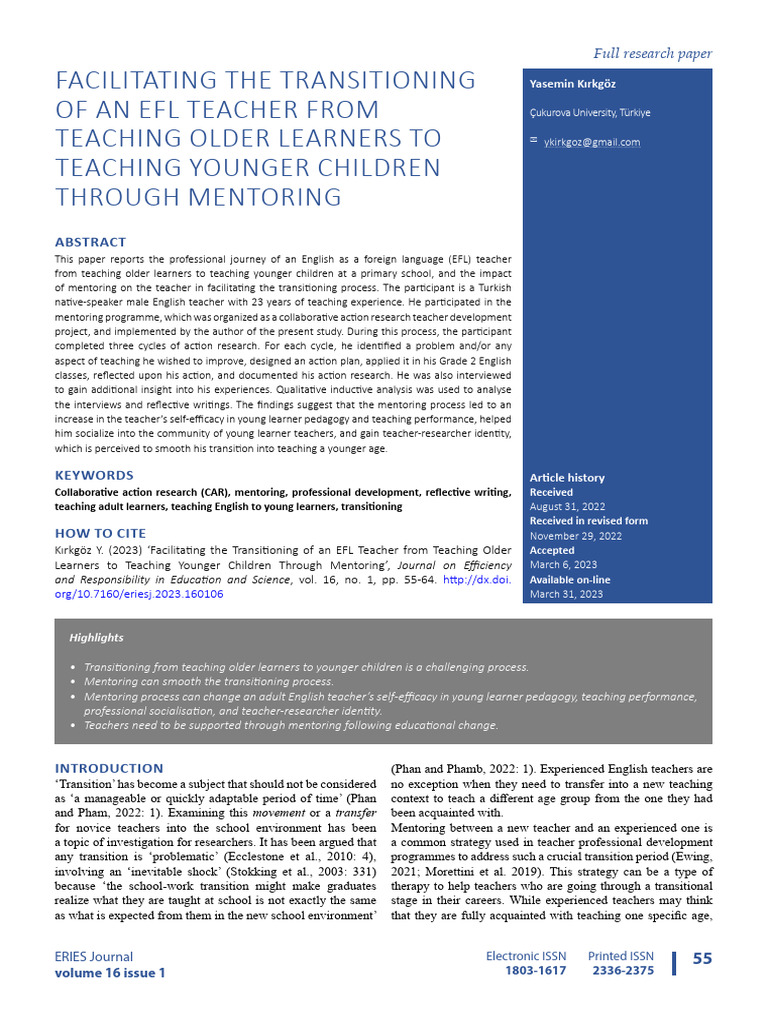 EFL Teacher Transition Mentoring | PDF | Mentorship | Teachers