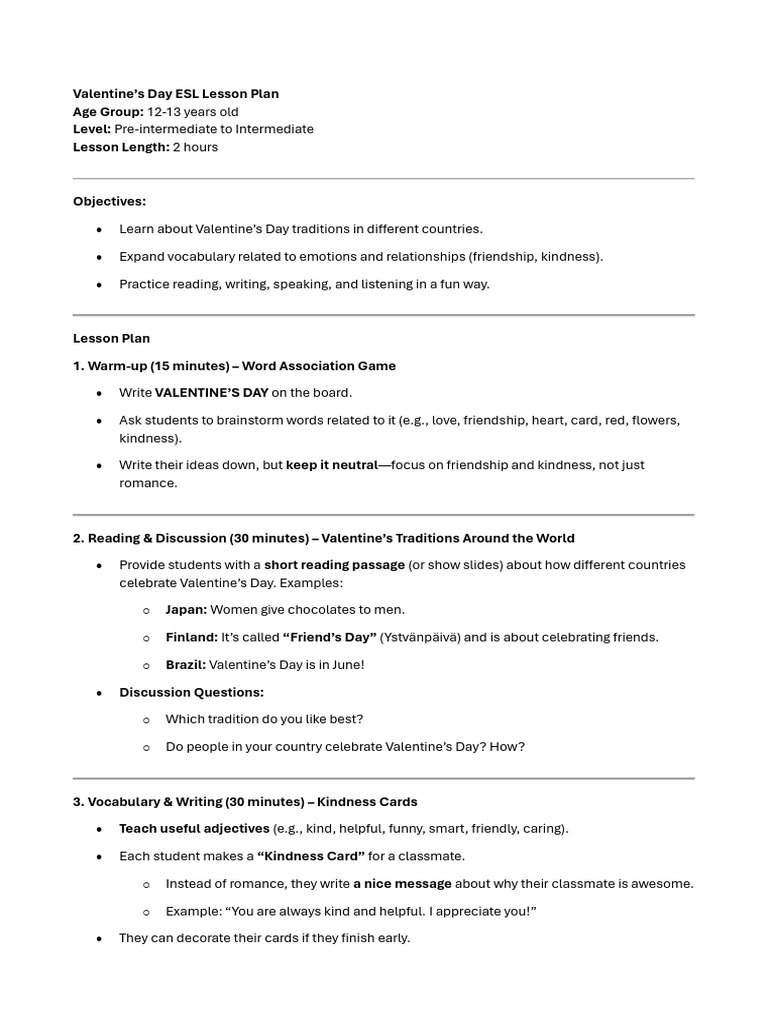 Valentine's Day ESL Lesson Plan | PDF | Valentine's Day | Learning