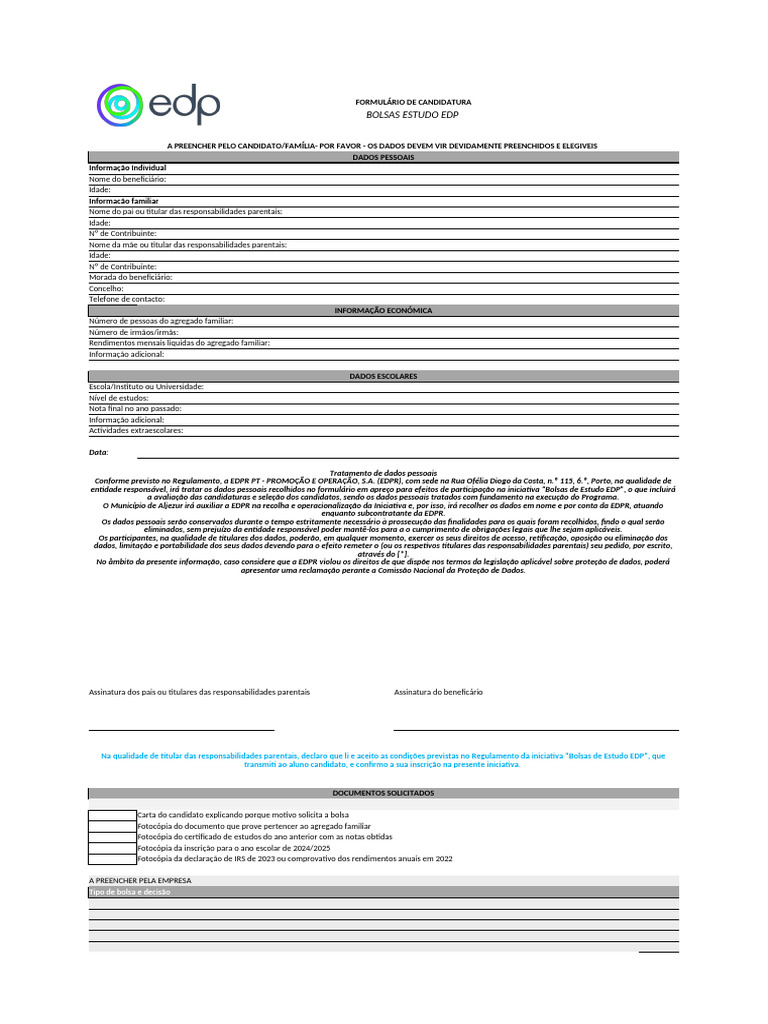 Formulário de Candidatura Bolsa EDP | PDF
