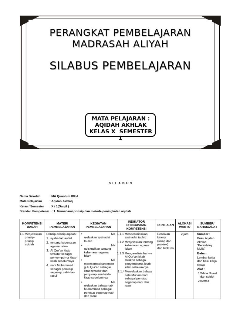 SILABUS Aqidah Akhlak MA Kelas X, 1-2 TP. 2021-2022 | PDF