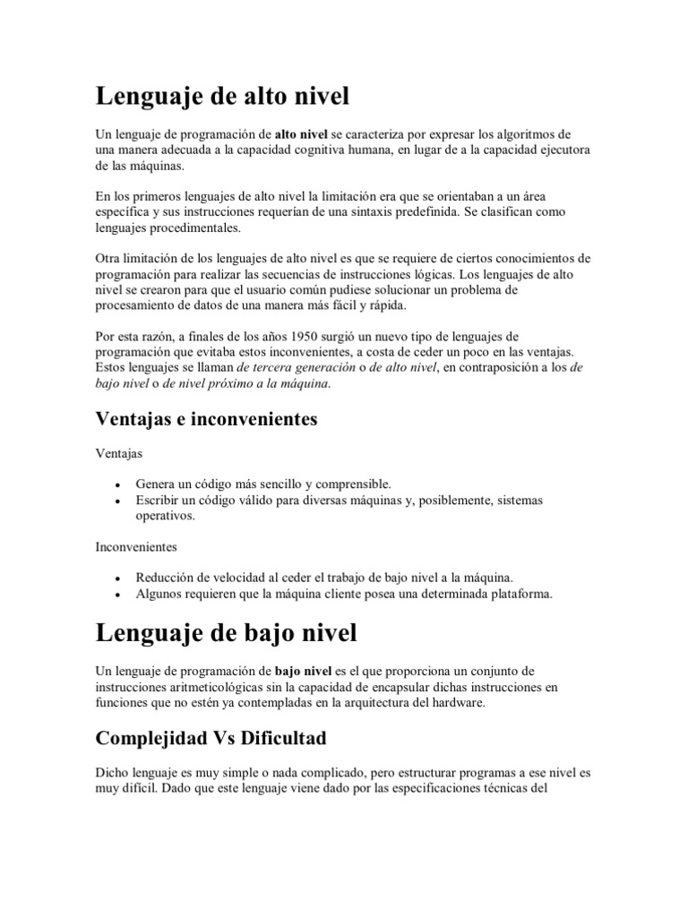 Diferencia Entre Lenguaje de Alto y Bajo Nivel | PDF | Lenguaje de ...