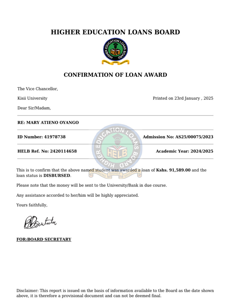 HELB Loan Confirmation for Mary Atieno | PDF