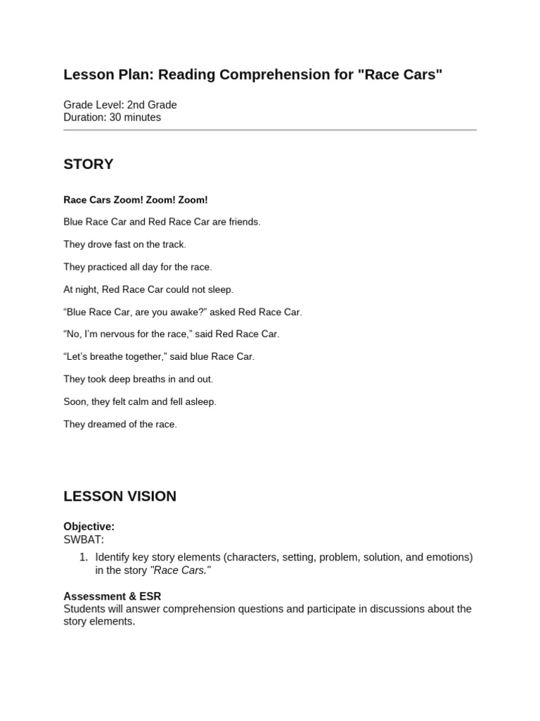 Lesson Plan - Reading Comprehension For - Race Cars | PDF | Reading ...