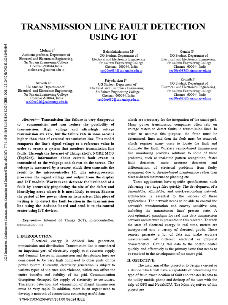 Transmission Line Fault Detection Using Iot Pdf Internet Of Things Electric Power Transmission