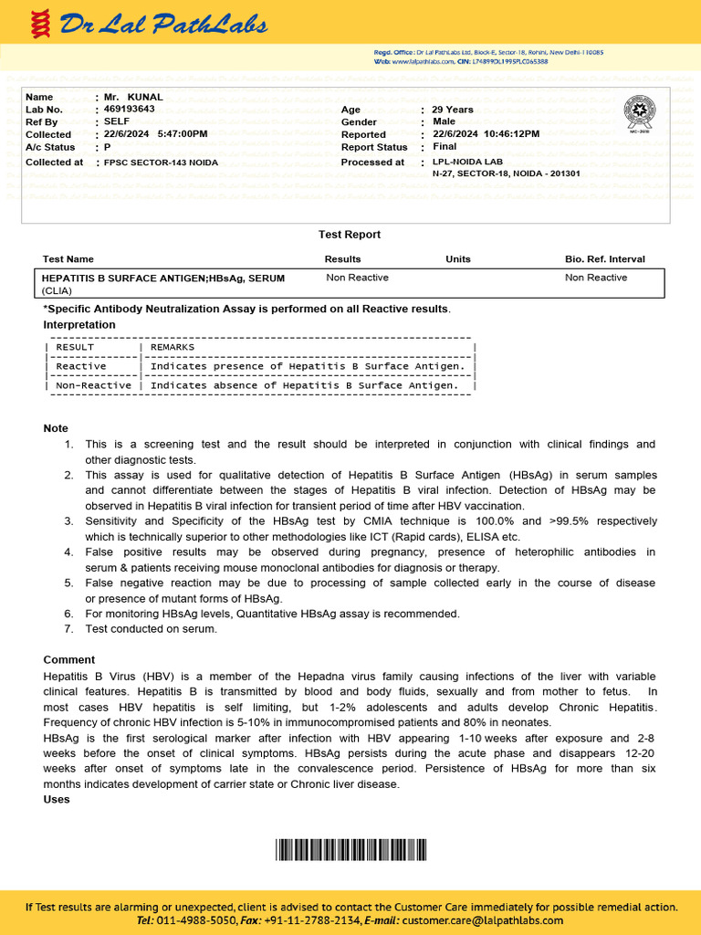Hepatitis B & C Test Results Report | PDF | Hepatitis B | Hepatitis