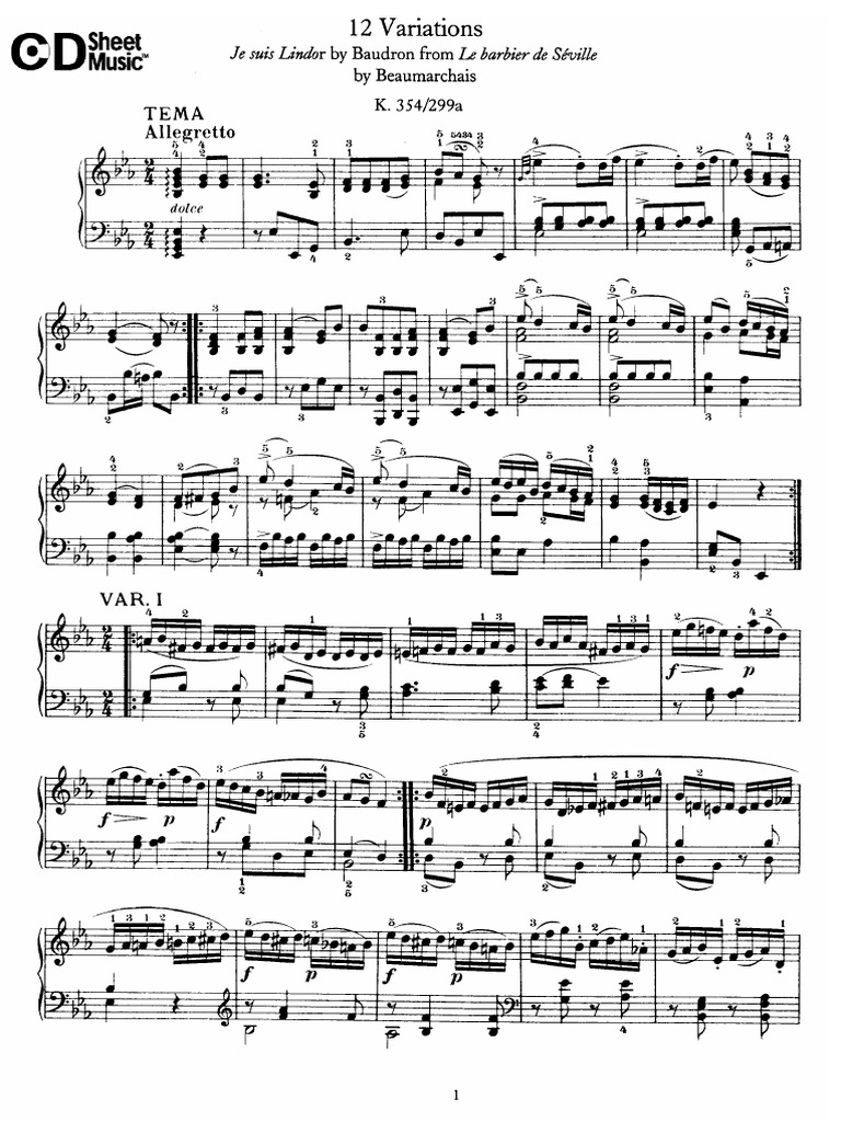 Mozart - 12 Variations (on Je suis Lindor), K.354, 299a | PDF