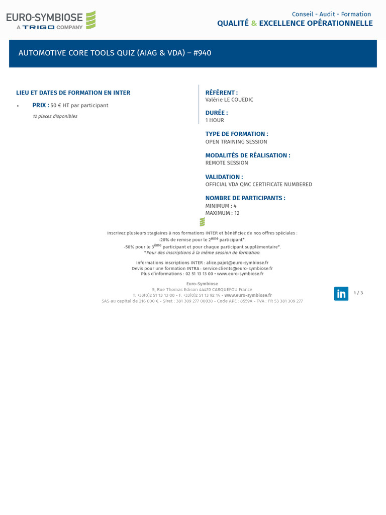 Eurosymbiose Formation Automotive Core Tools Quiz Aiag Vda 940 | PDF