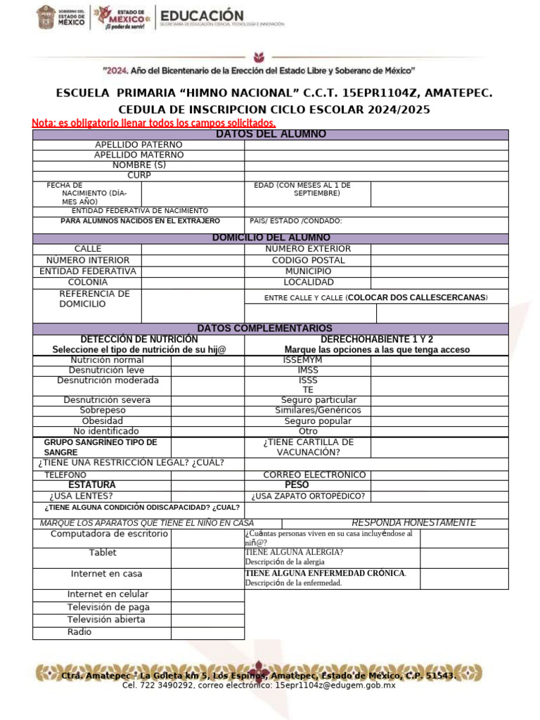 CEDULA DE INSC. Y CARTA COMPROMISO Himno N | PDF | Escuelas