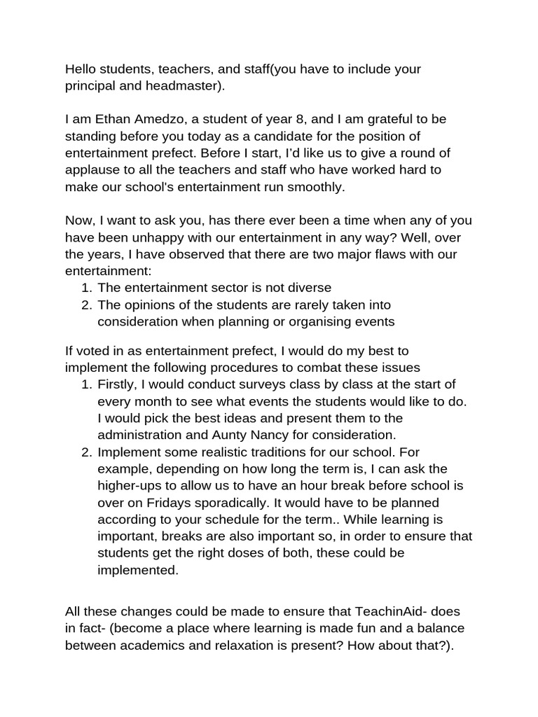 Year 8 Entertainment Prefect Speech | PDF