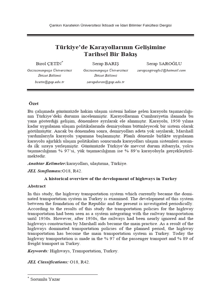 T - Rkiye - de Karayollar - N - N Geli - Imine Tarihsel Bir Bak - (#365355) - 382065 | PDF