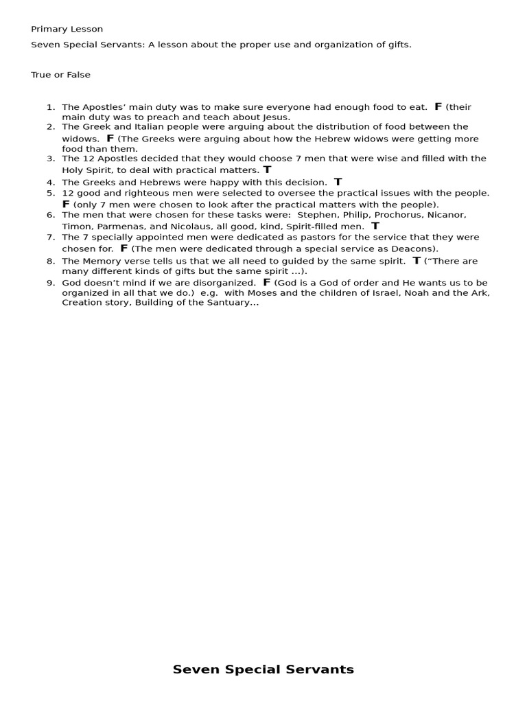 Kids' Lesson: Seven Special Servants | PDF | Prayer | Jesus