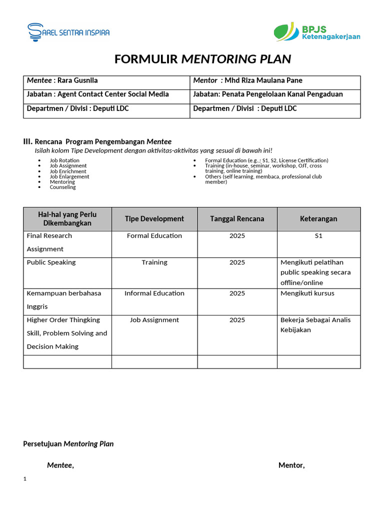 Mentoring Form 1 - Formulir Mentoring Plan 2024_RARA GUSNILA | PDF