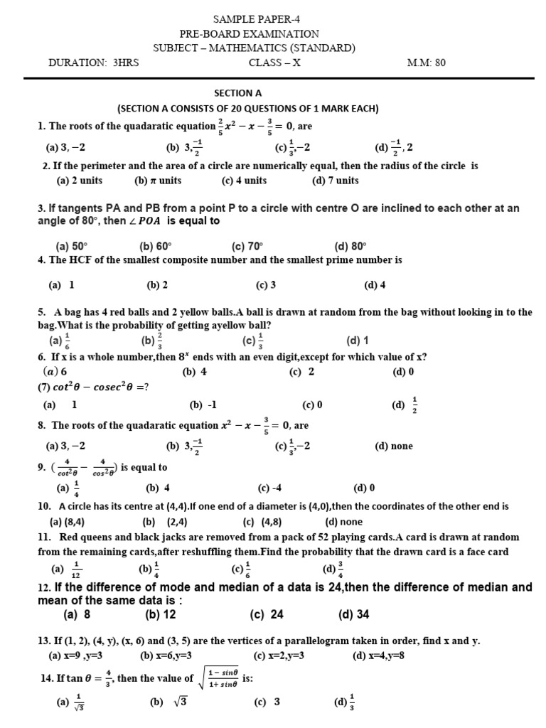 CBSE_X_MATHS_SAMPLE PAPER-4_QP | PDF | Circle | Area