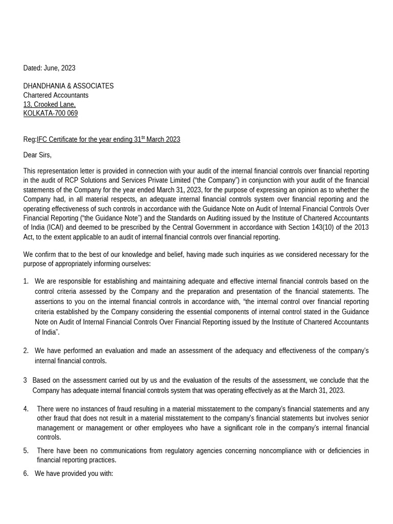 RCP Solutions Internal Control Audit Letter | PDF | Audit | Accounting